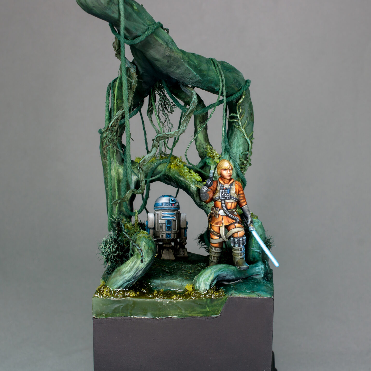 Figure of Luke Skywalker and R2-D2 in Dagobah swamp.